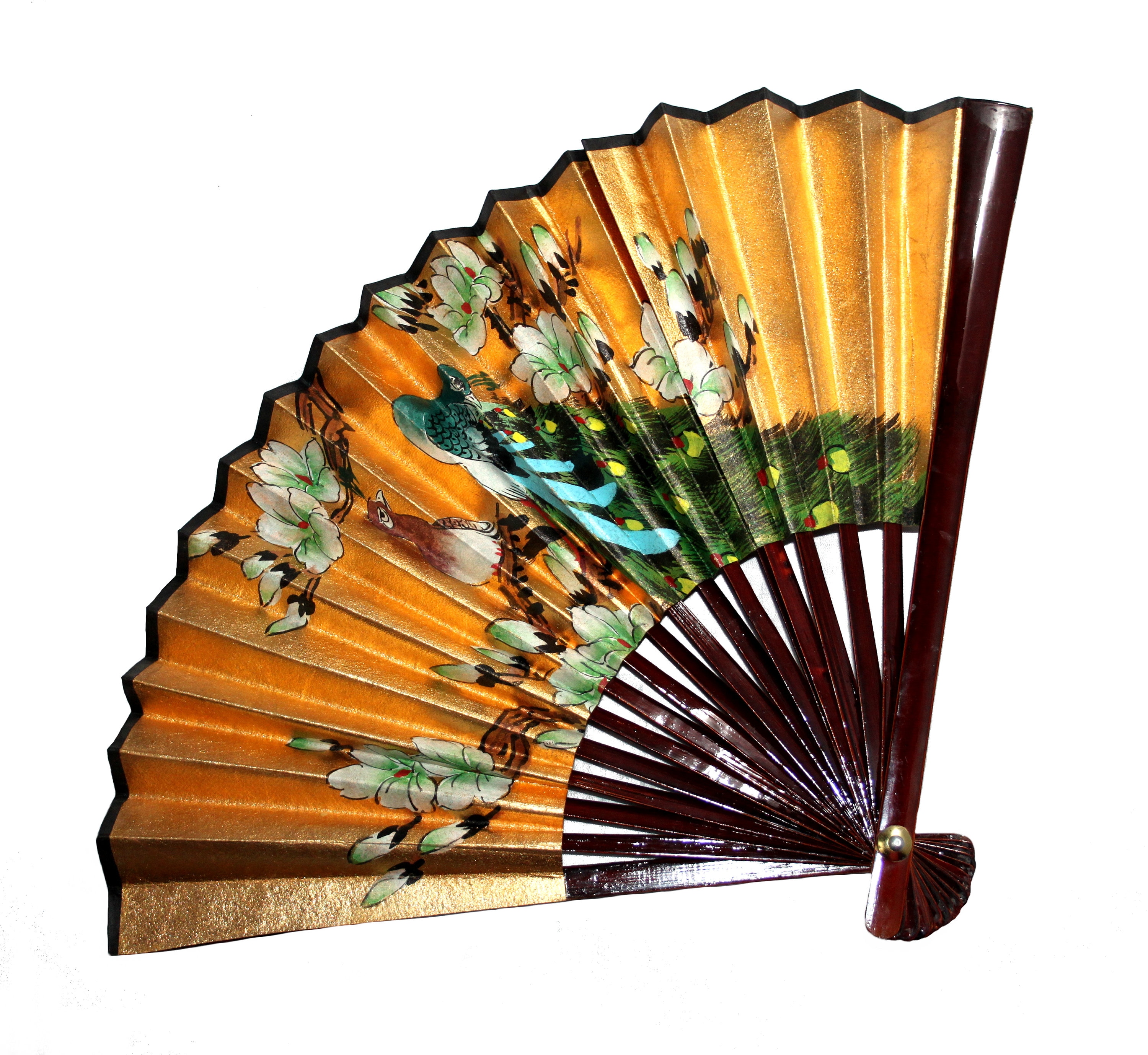 Vintage Small Hand Fan Red Wooden Gold Paper Flowers Peacock | Etsy