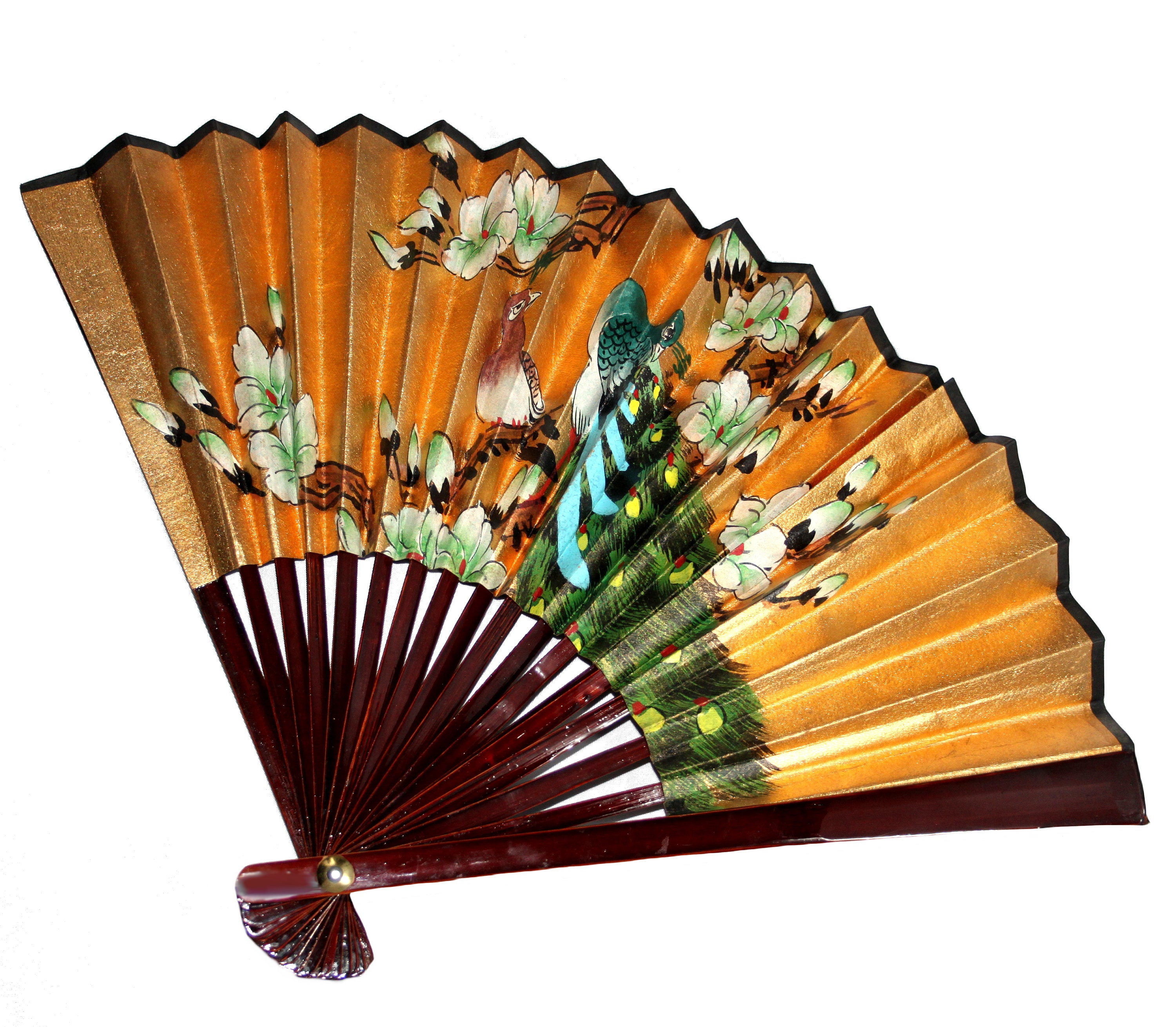 Vintage Small Hand Fan Red Wooden Gold Paper Flowers Peacock | Etsy