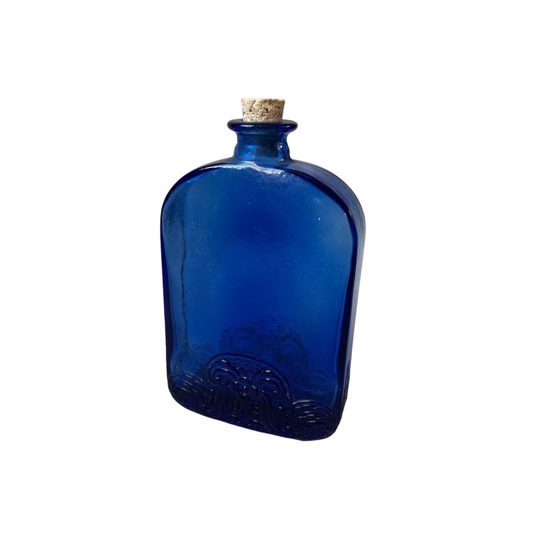 Vintage Cobalt Blue Glass Rectangular Flask Bottle & Cork Stopper Vase ...