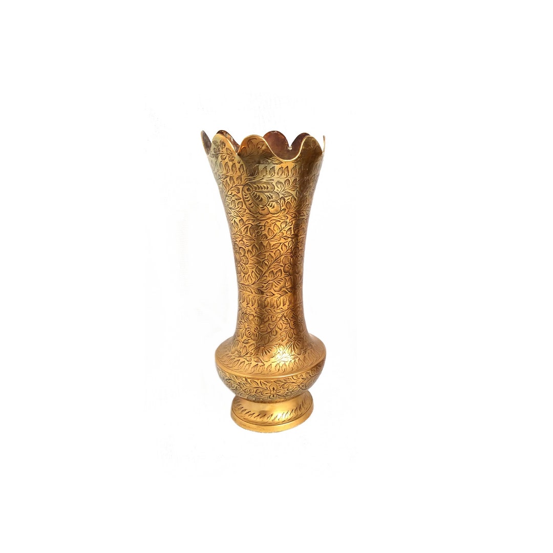 Vintage Engraved Brass Hindu Pose Vase Etched Floral Pattern Scallop ...
