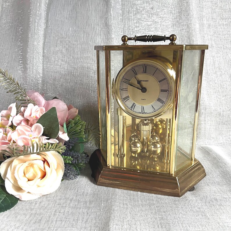 Vintage Staiger German Brass Carriage Clock – Etched Glass, Revolving ...
