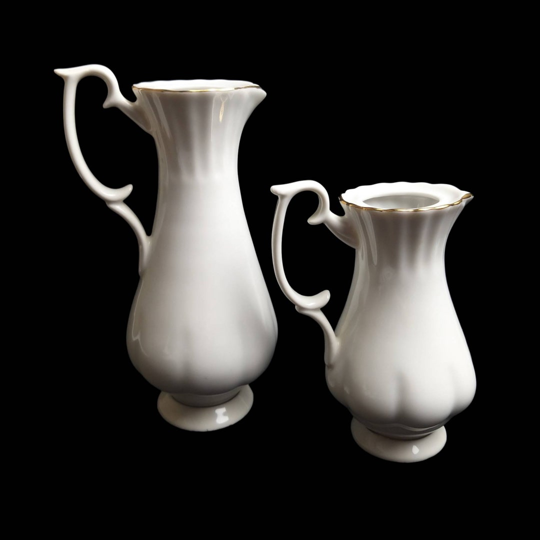 Vintage Chodziez Iwona Poland Classic White Porcelain Gold Scalloped Rim Vinegar and Oil Cruet ...