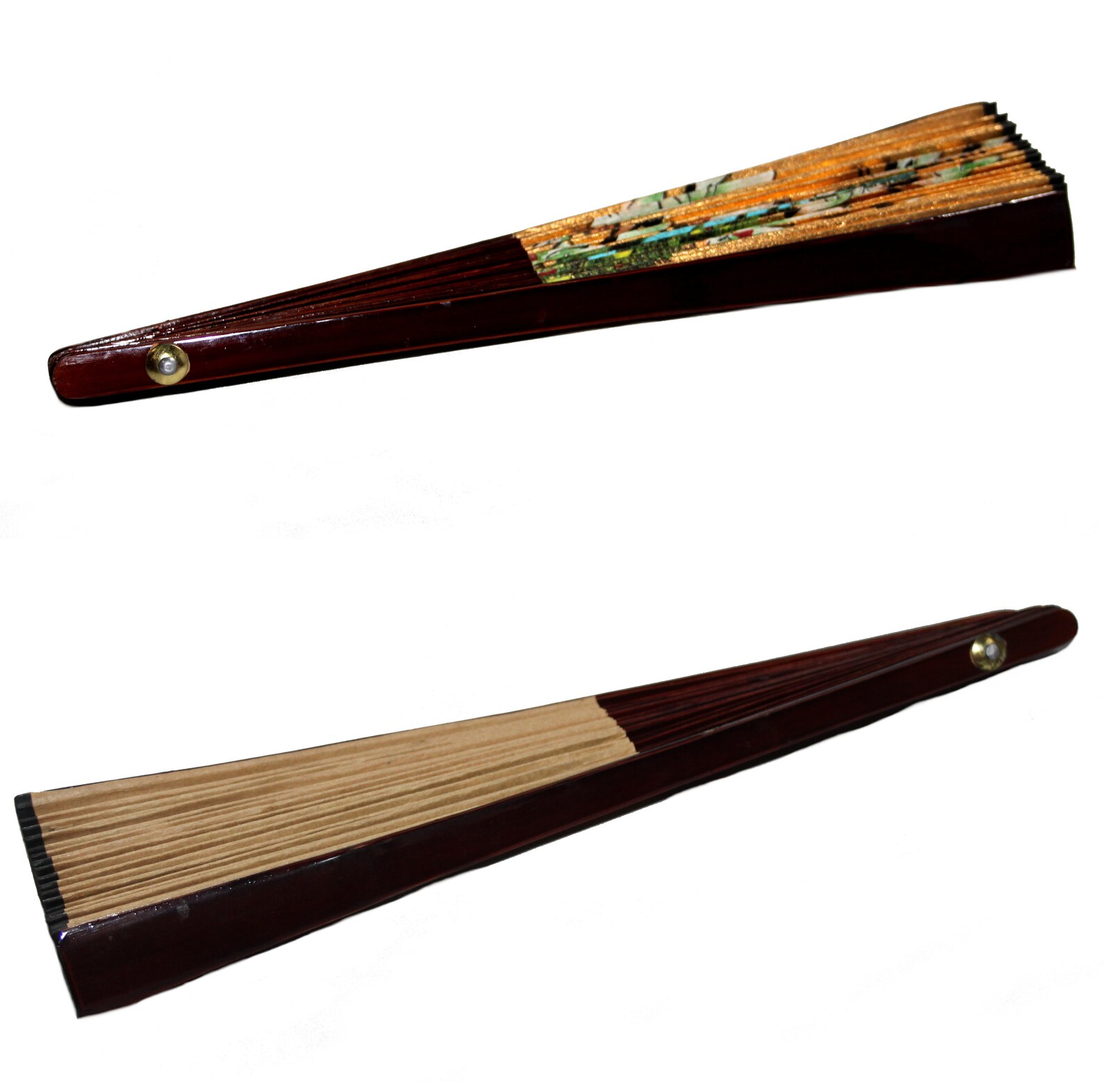 Vintage Small Hand Fan Red Wooden Gold Paper Flowers Peacock | Etsy