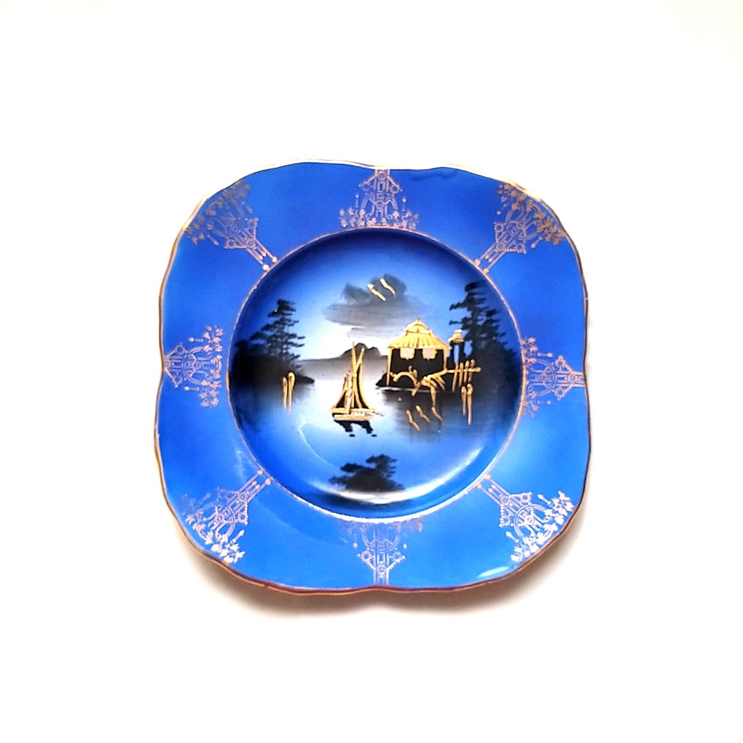 Antique Art Deco Cobalt Blue Gold Rim Oriental Pattern Moonlight Ware ...