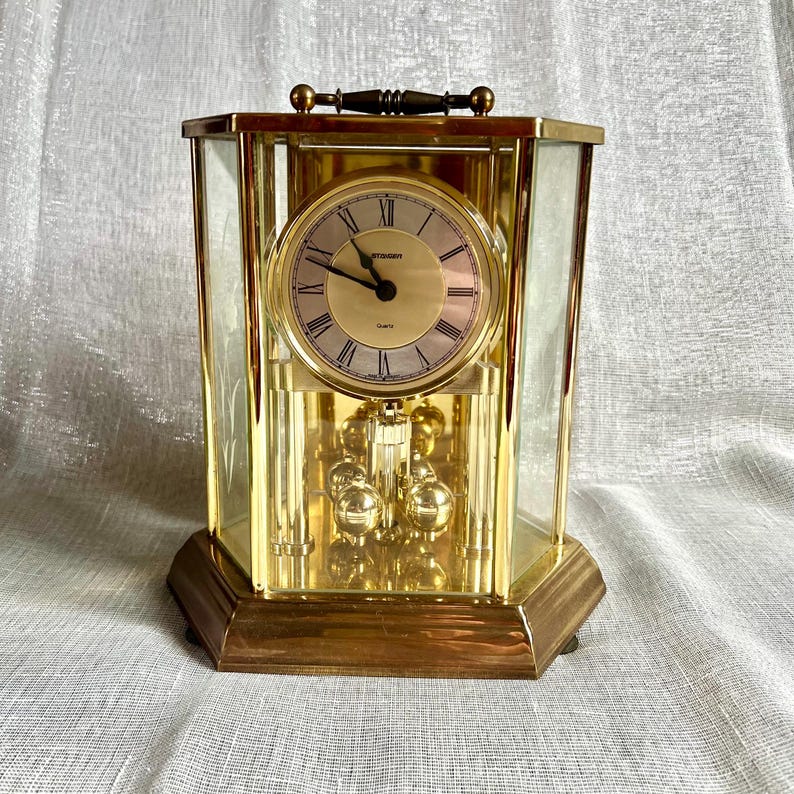Vintage Staiger German Brass Carriage Clock – Etched Glass, Revolving ...