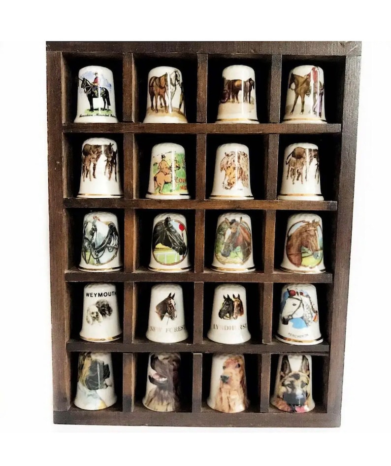 20 Vintage Decorative Sewing Thimbles in Case Display Shelf Showcase ...