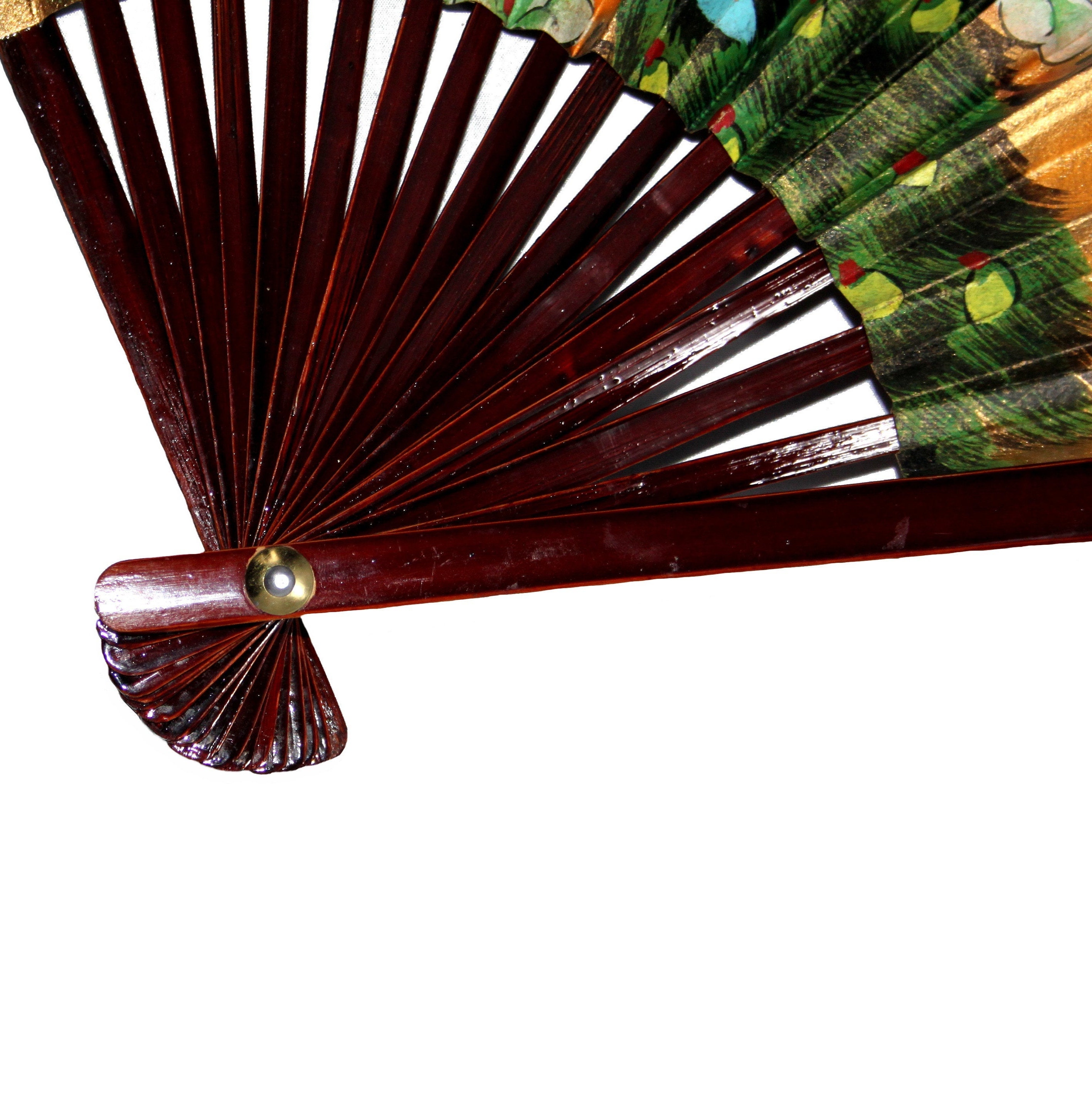 Vintage Small Hand Fan Red Wooden Gold Paper Flowers Peacock | Etsy