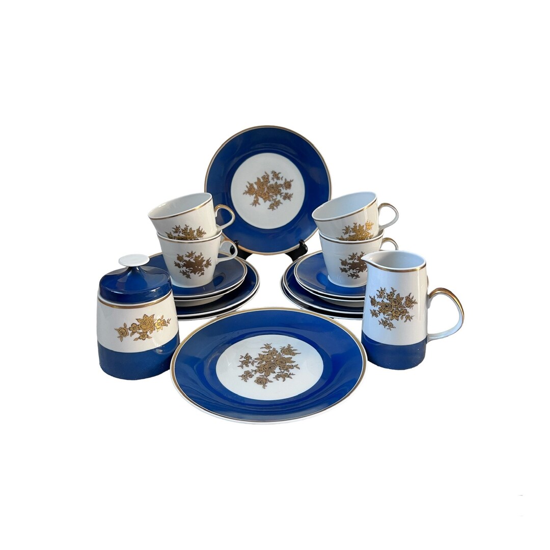 16 X Vintage Lichte Porcelain Germany 1970 Cobalt Blue Gold Roses Fine China Tea Coffee Cups ...