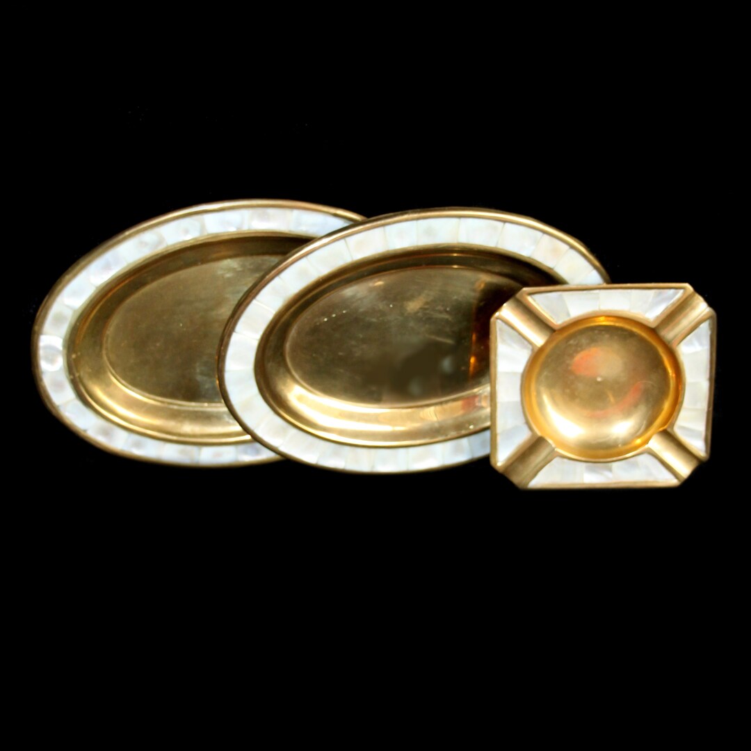 3 Vintage Brass & Mother of Pearl Shell Inlays Ashtray Oval Square ...