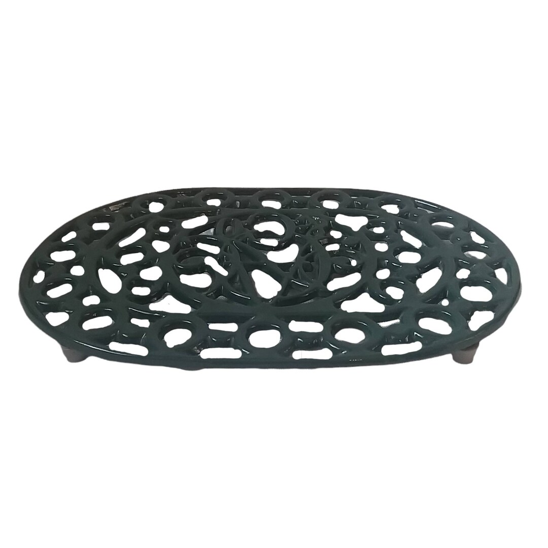 Vintage Morso Cast Iron Green Enameled Patterned Oval Trivet Pan Teapot ...