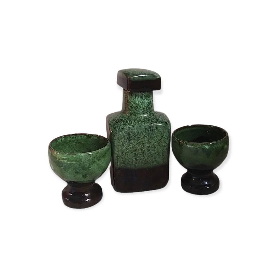 Vintage Glazed Terracotta Pottery Emerald Green Brown Pattern Decanter ...