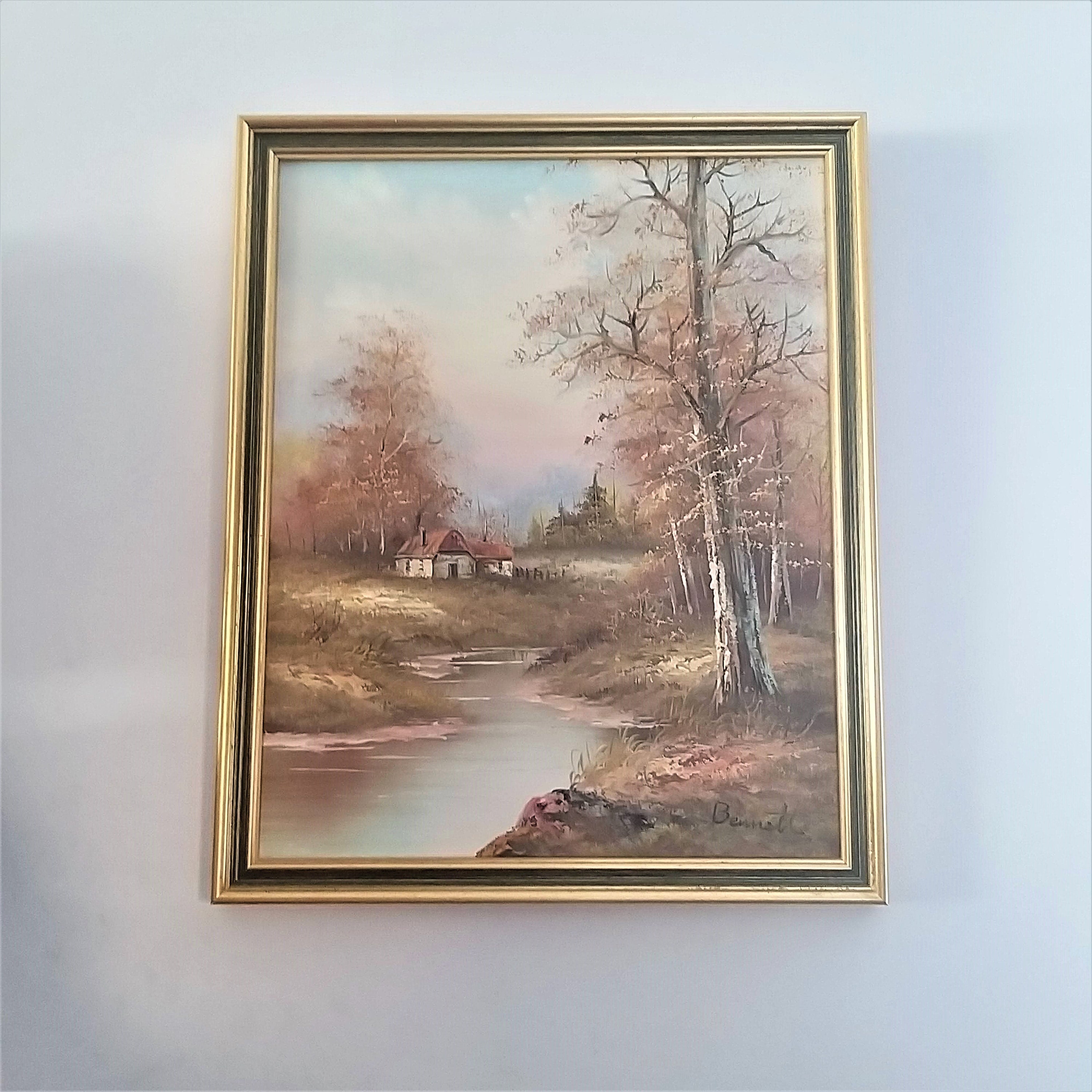 Vintage Sign by Artist Bennett Oil Canvas Painting Wall Art Autumn Tree ...