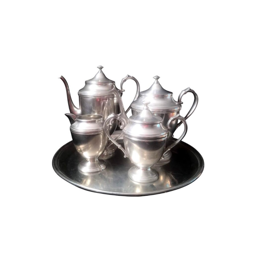 Vintage Pewter Silver Tone Banka Tin Indonesia 5 Piece Tea Coffee Set ...