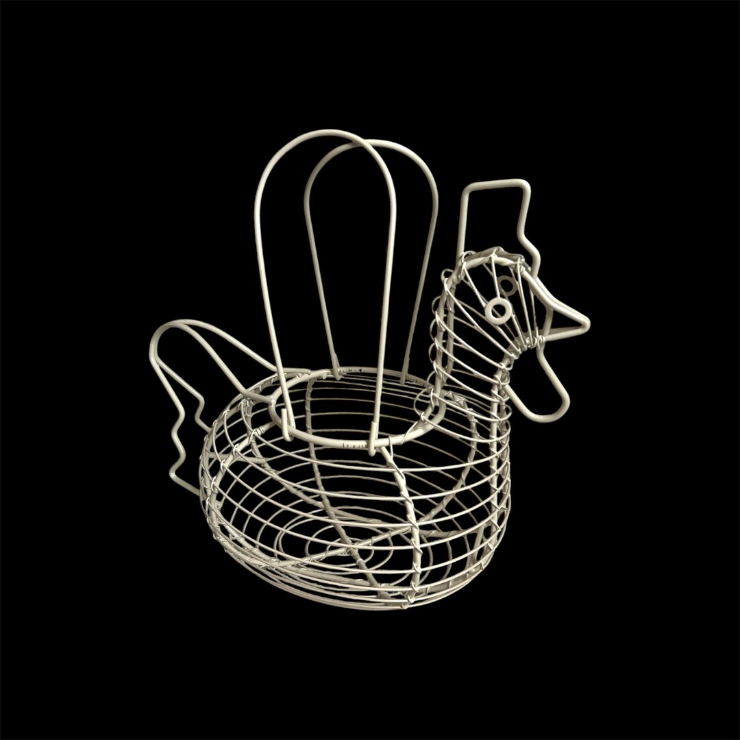 Vintage White Wired Rooster Chicken Hen Handled Basket Eggs Holder ...