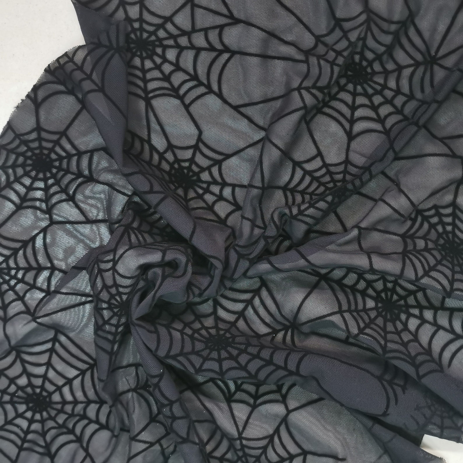 Black Spider Web Flocking on Black Stretch Mesh Fabric Stretch Spider ...