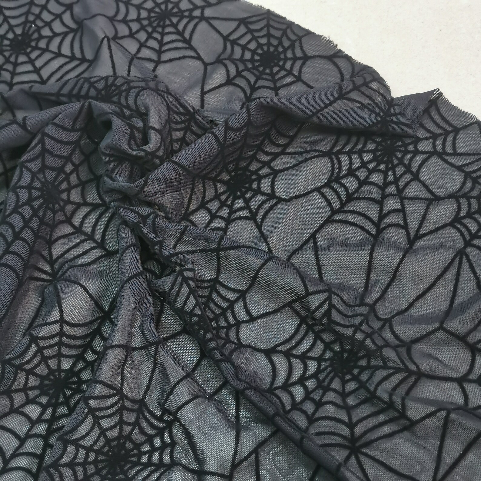 Black Spider Web Flocking on Black Stretch Mesh Fabric Stretch Spider ...