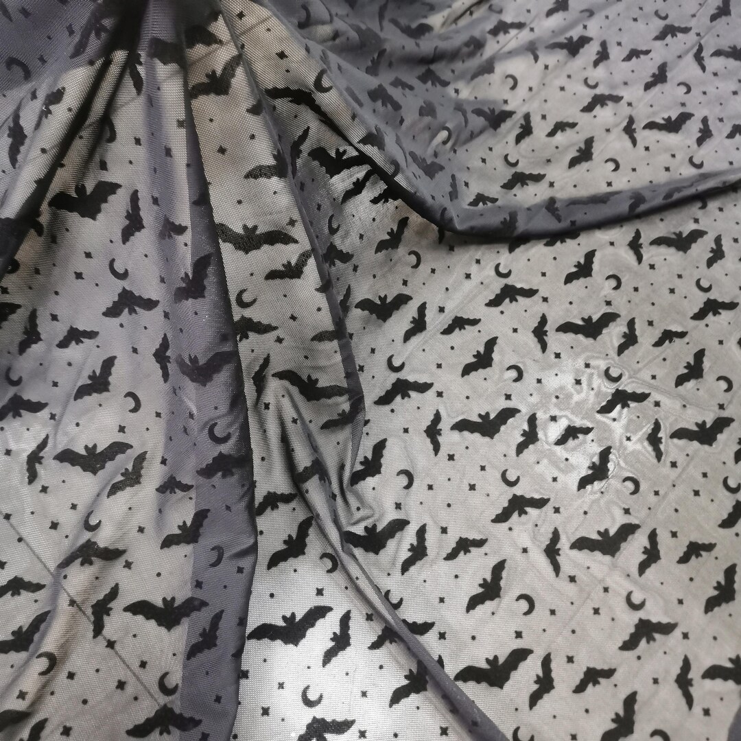 Four Way Stretch Mesh Fabric With Bats Black Bat Flocked on Stretch ...