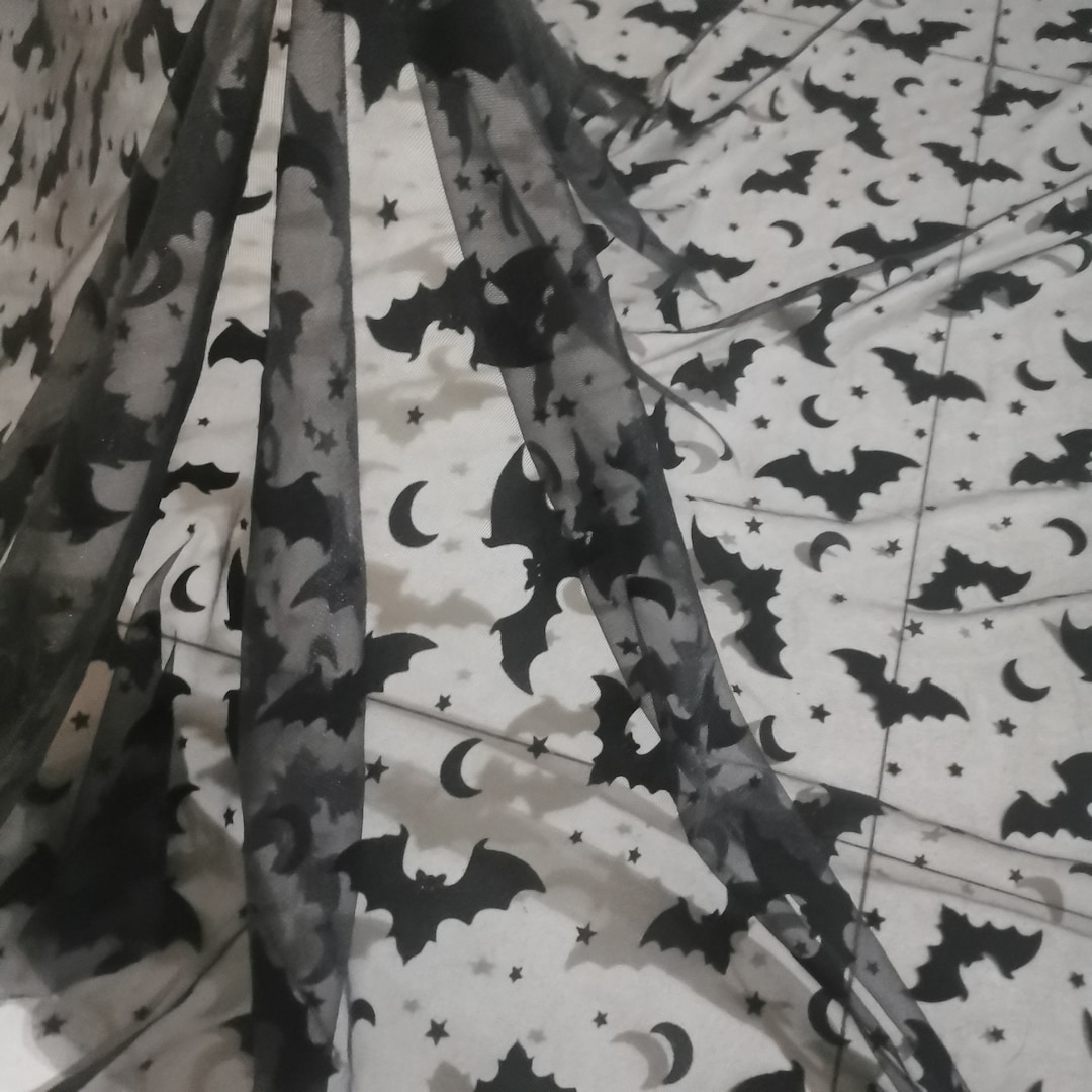 Mesh Fabric With Bats Black Bat Print Fabric for Halloween Flying Bats ...