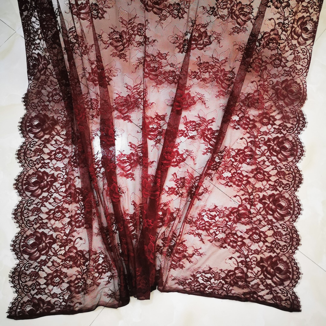 Burgundy Scalloped Lace Fabric: Wine Red Floral Bridal Lace - Etsy