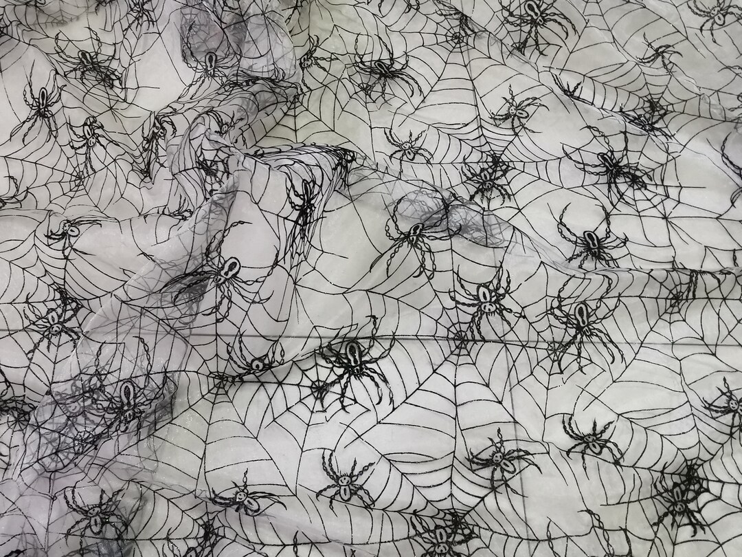 Spider Fabric: Black Flocking on Gray Organza, Halloween Fabric by the ...