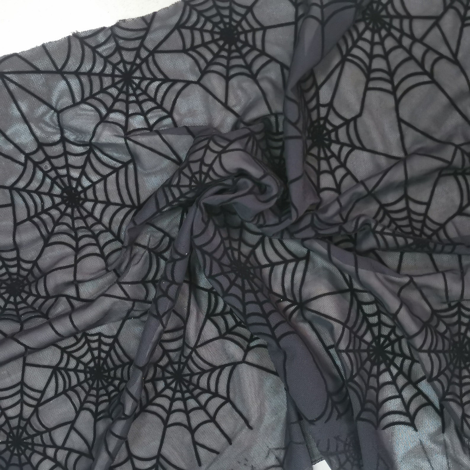 Black Spider Web Flocking on Black Stretch Mesh Fabric Stretch Spider ...