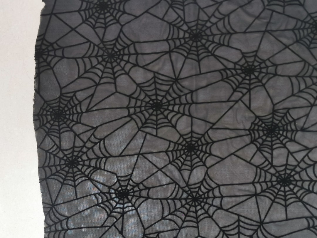 Black Spider Web Flocking on Black Stretch Mesh Fabric Stretch Spider ...