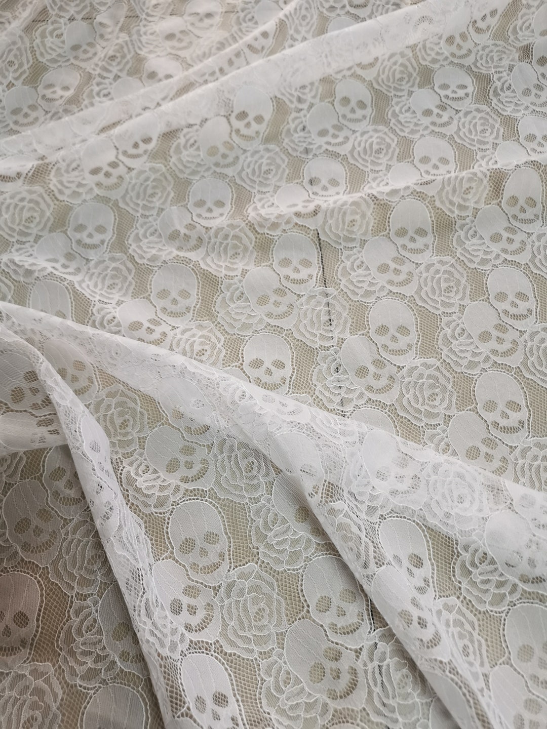 Skull and Roses Lace Fabric: Gothic Halloween Decor, DIY Supplies by ...
