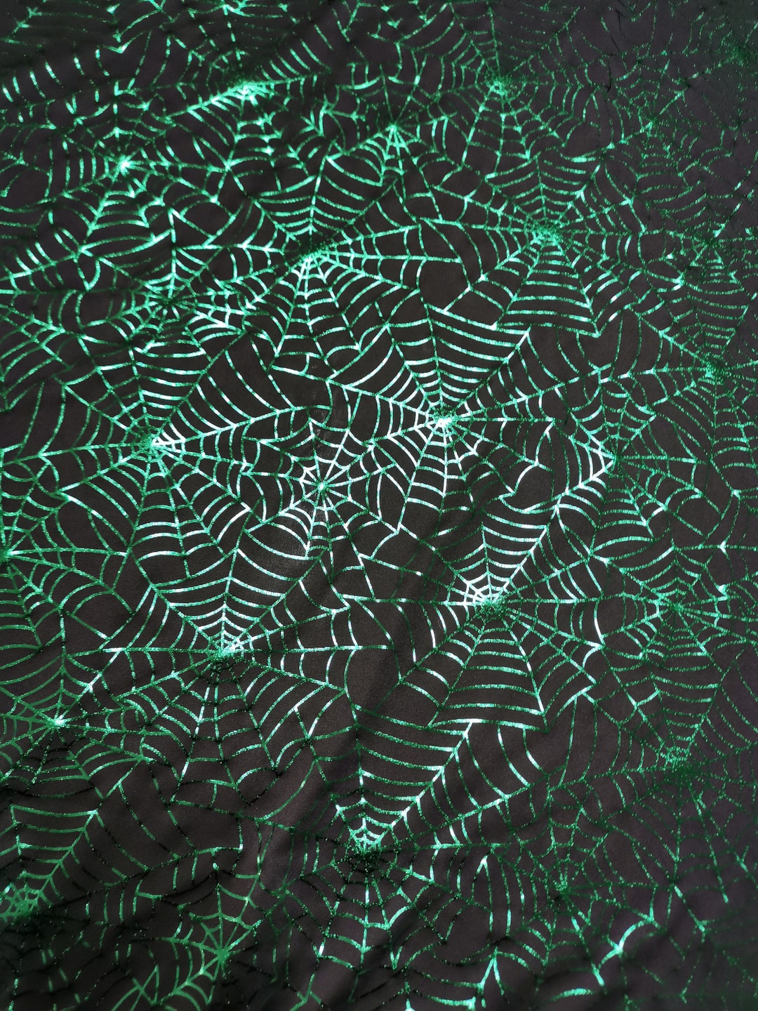 Halloween Fabric Green Spider Web Foiled on Black Stretch Faric Spider ...