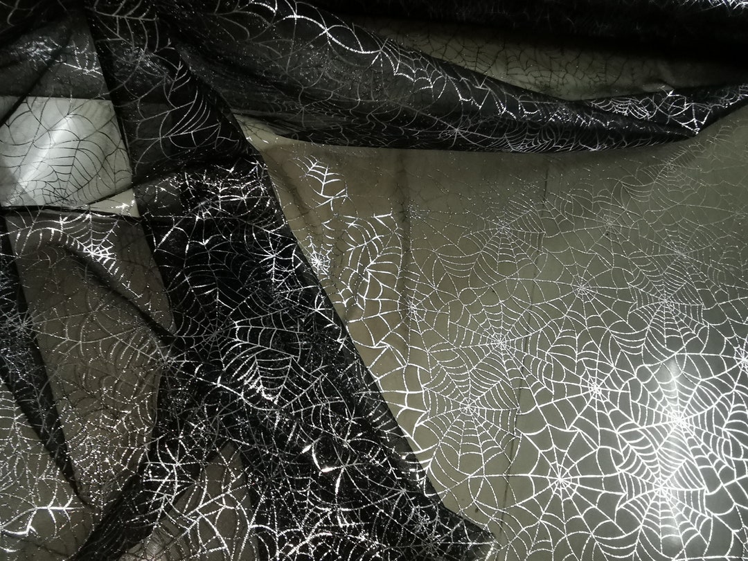Silver Spider Web Foiled on Black Mesh Halloween Fabric Cobweb by the ...