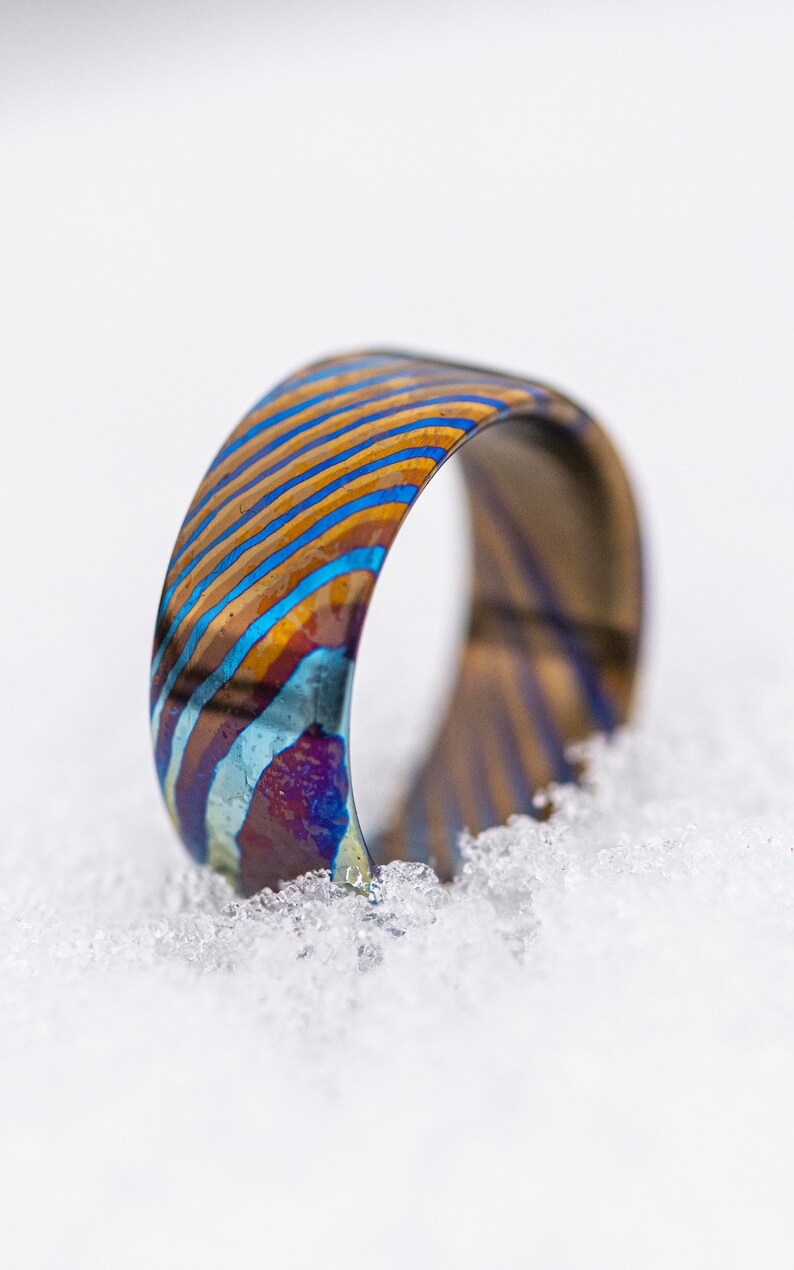 Colorful Timascus Wedding Band Unique Titanium Damascus Anniversary ...