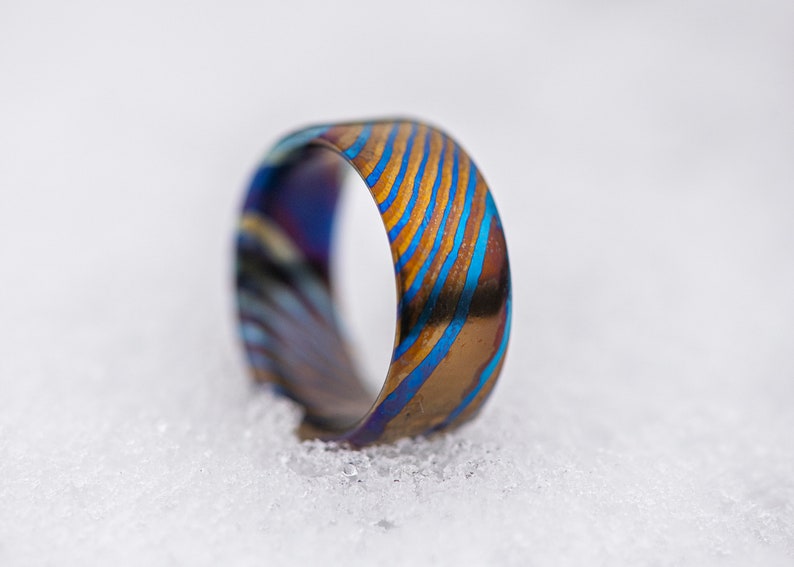 Colorful Timascus Wedding Band Unique Titanium Damascus Anniversary ...