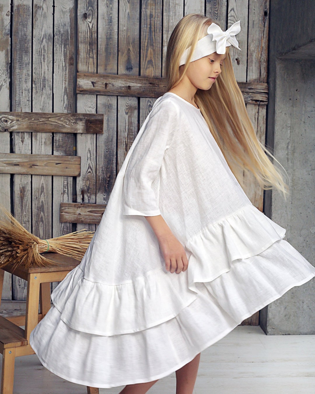 White Linen Girls Dress With Ruffles, Girl Party Dress, Girl Occasion Dress, Party Dresses for ...