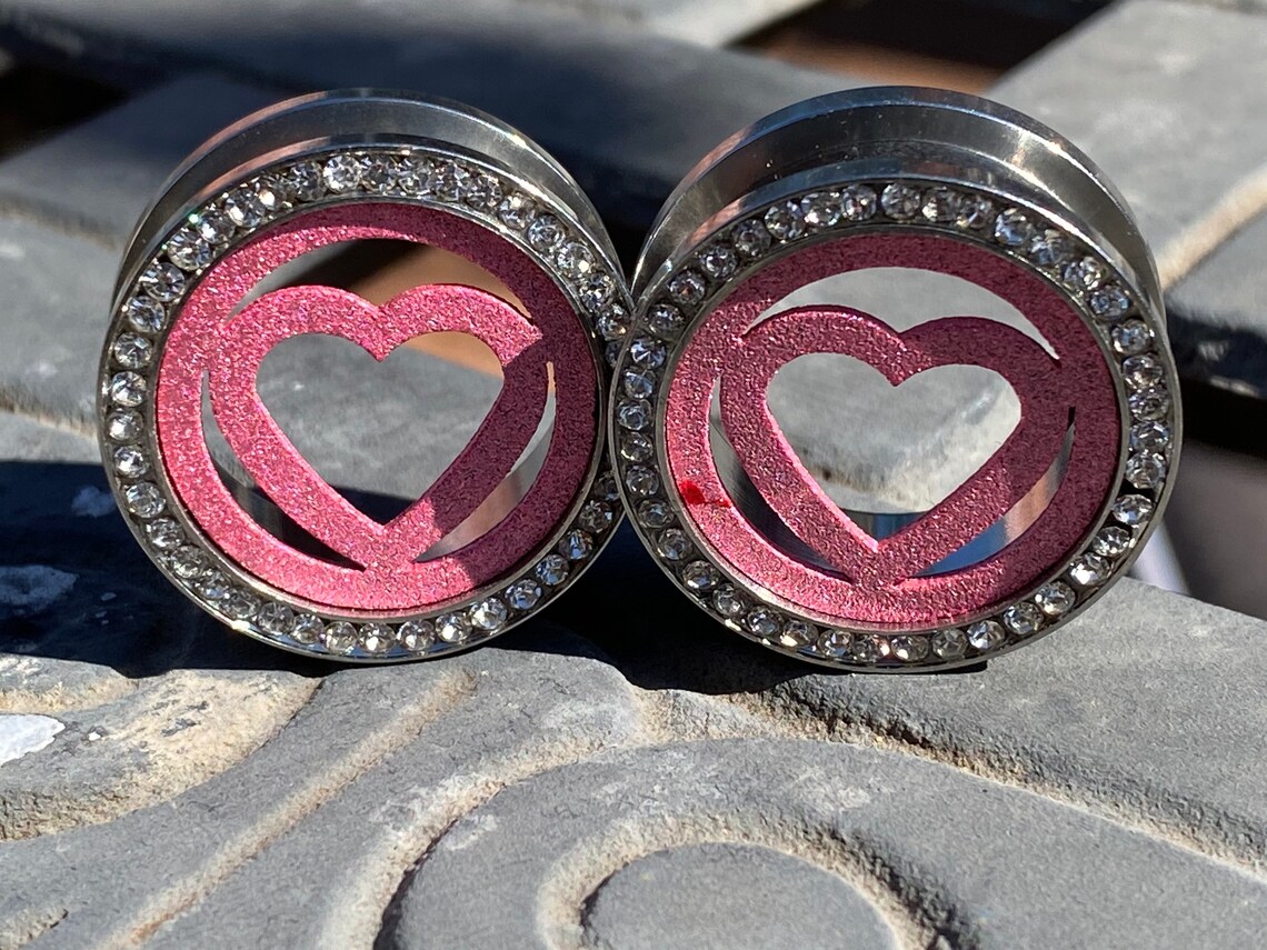 13/16 20mm Steel Pink Heart Round Ear Gauges / Tunnel Pink Heart Round ...
