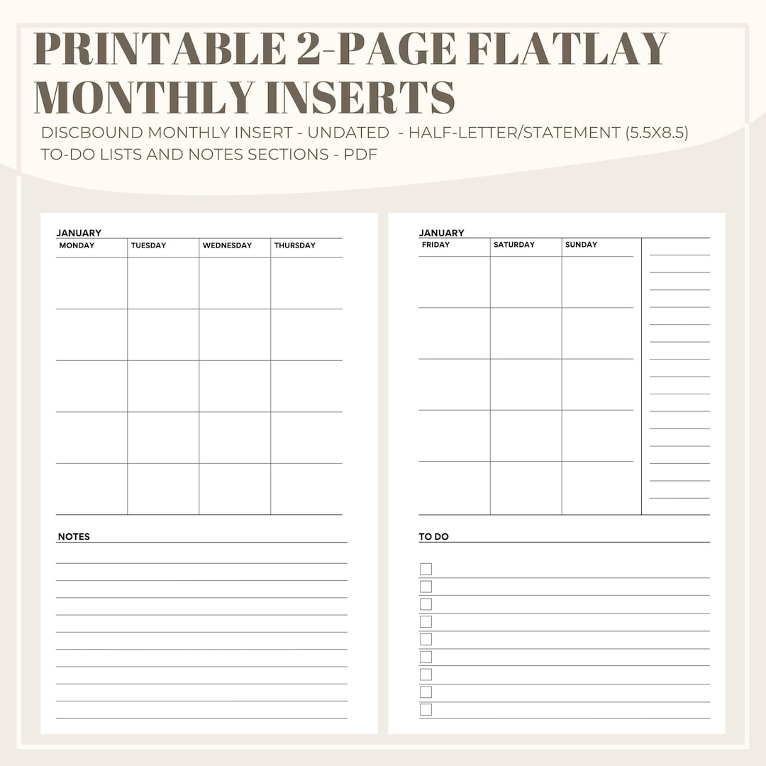 Discbound Insert- Monthly Planner Printable Template Half Letter/junior ...