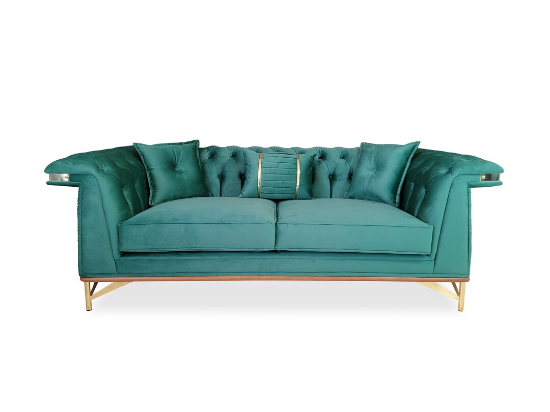 Un Jasmin , 87'' Rolled Arm Sofa, Emerald Green Velvet Upholstery ...
