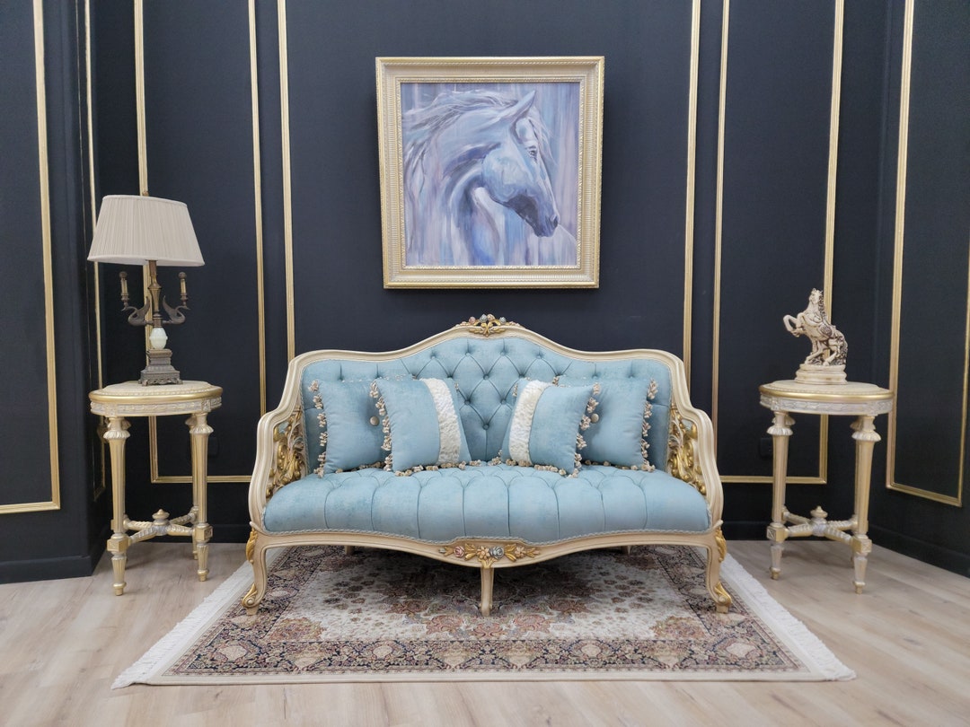 French Style Settee/ Distressed Aged Finish/ Hand Carved Wood Frame ...