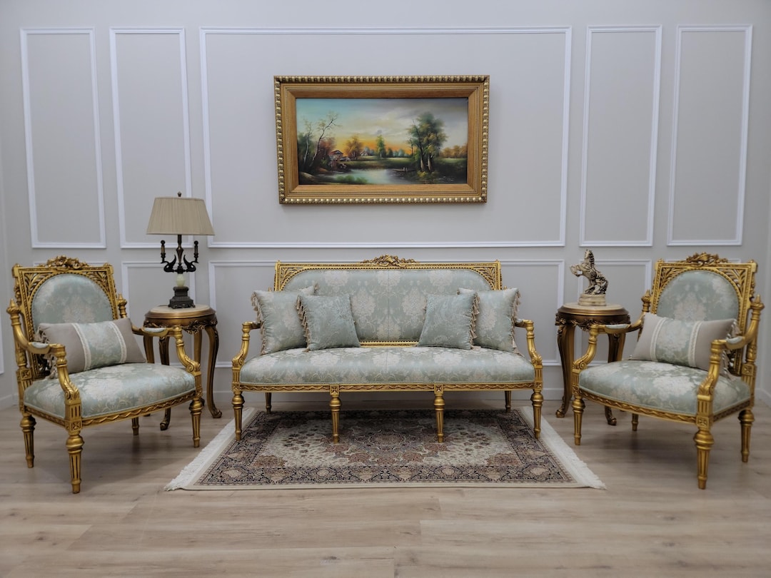 French Vintage Seating Set in Teal Damask Silk , Sofa, Armchairs ...