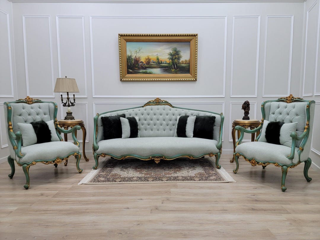 Mint Palace French Set | Rococo Style Tufted Sofa & Armchairs | Luxury ...