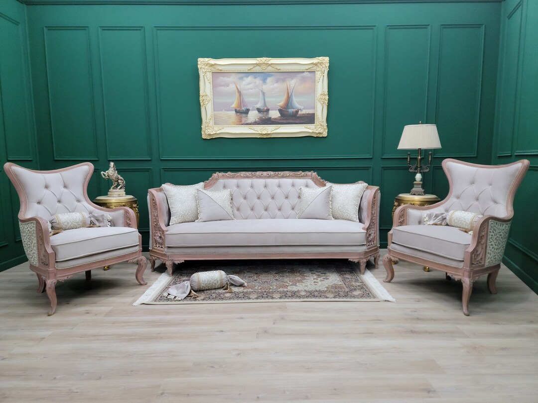 Vintage French Set, Aged Rose Finish Hand Carved Frame, Light Taupe ...