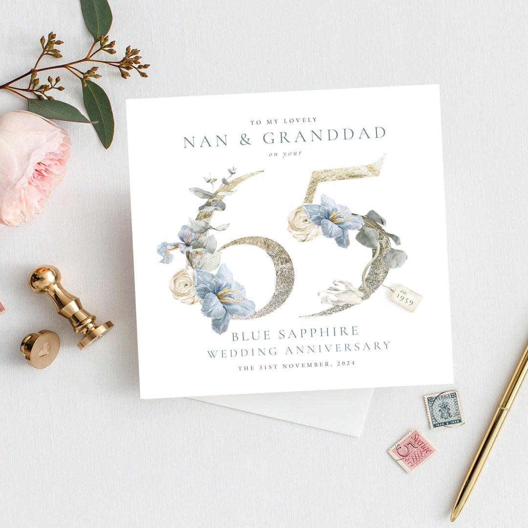 Blue Sapphire Wedding Anniversary Card, 65th Wedding Anniversary Card, 65 Years Married Card ...