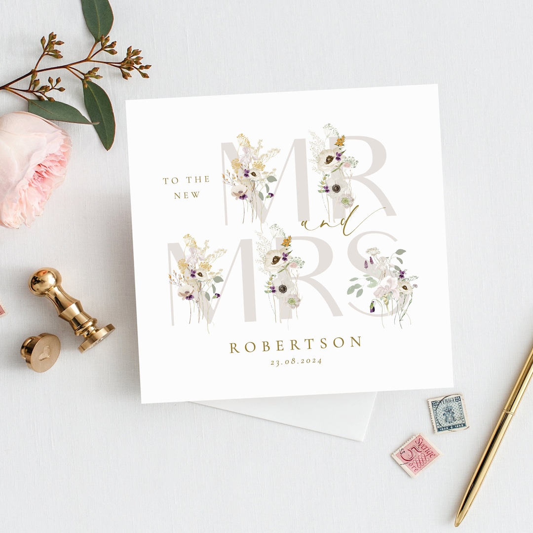 PERSONALISED Botanical Mr and Mrs Wedding Card Floral Mr & Mrs Cardmr and Mrmrs and Mrsfloral ...