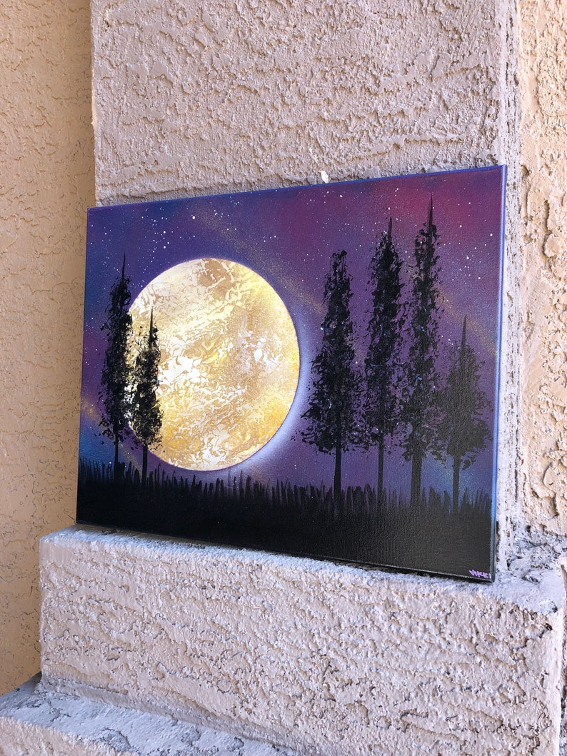 Large Moon behind Trees Spray Paint Canvas | Etsy