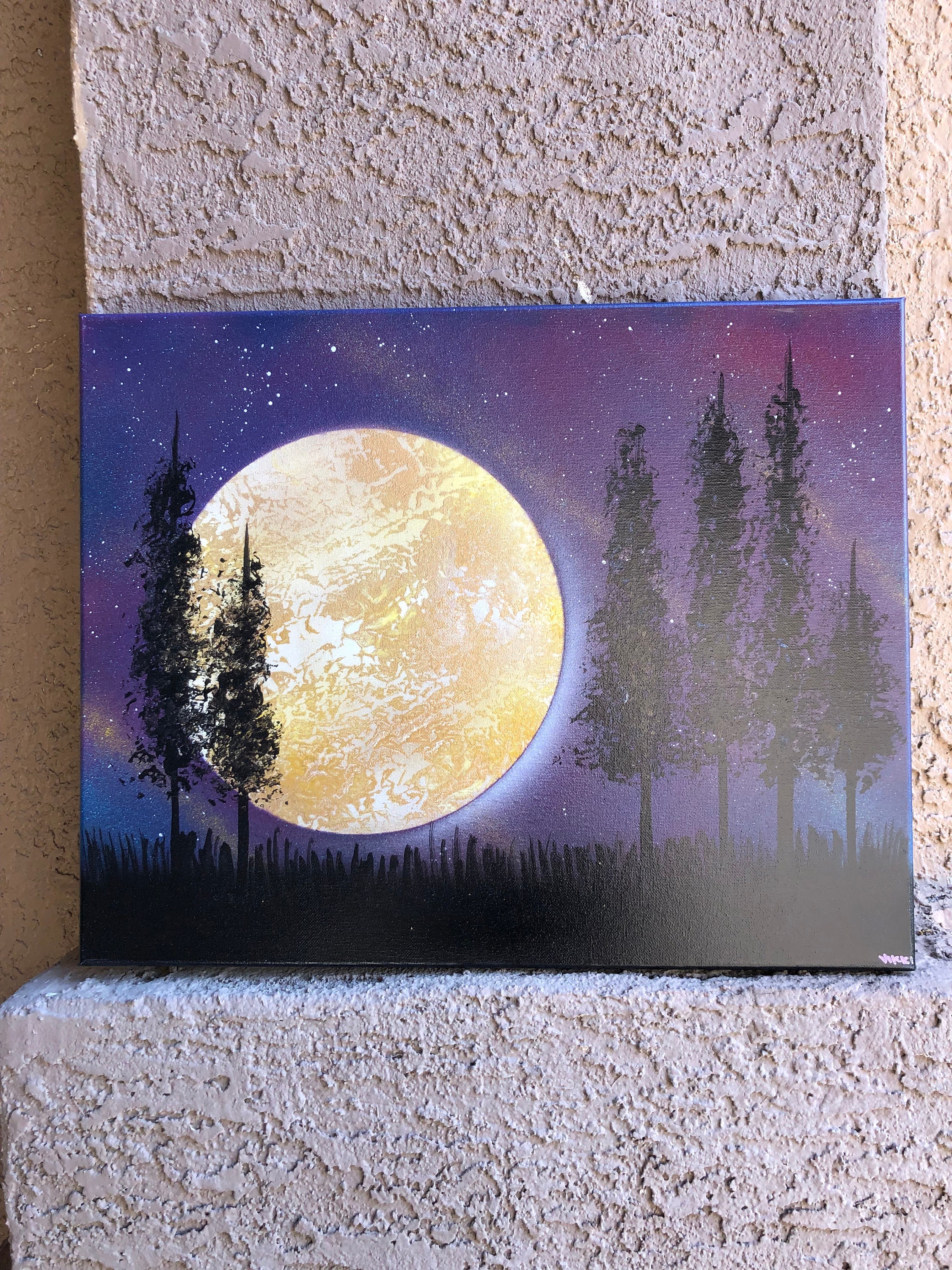 Large Moon Behind Trees Spray Paint Canvas - Etsy