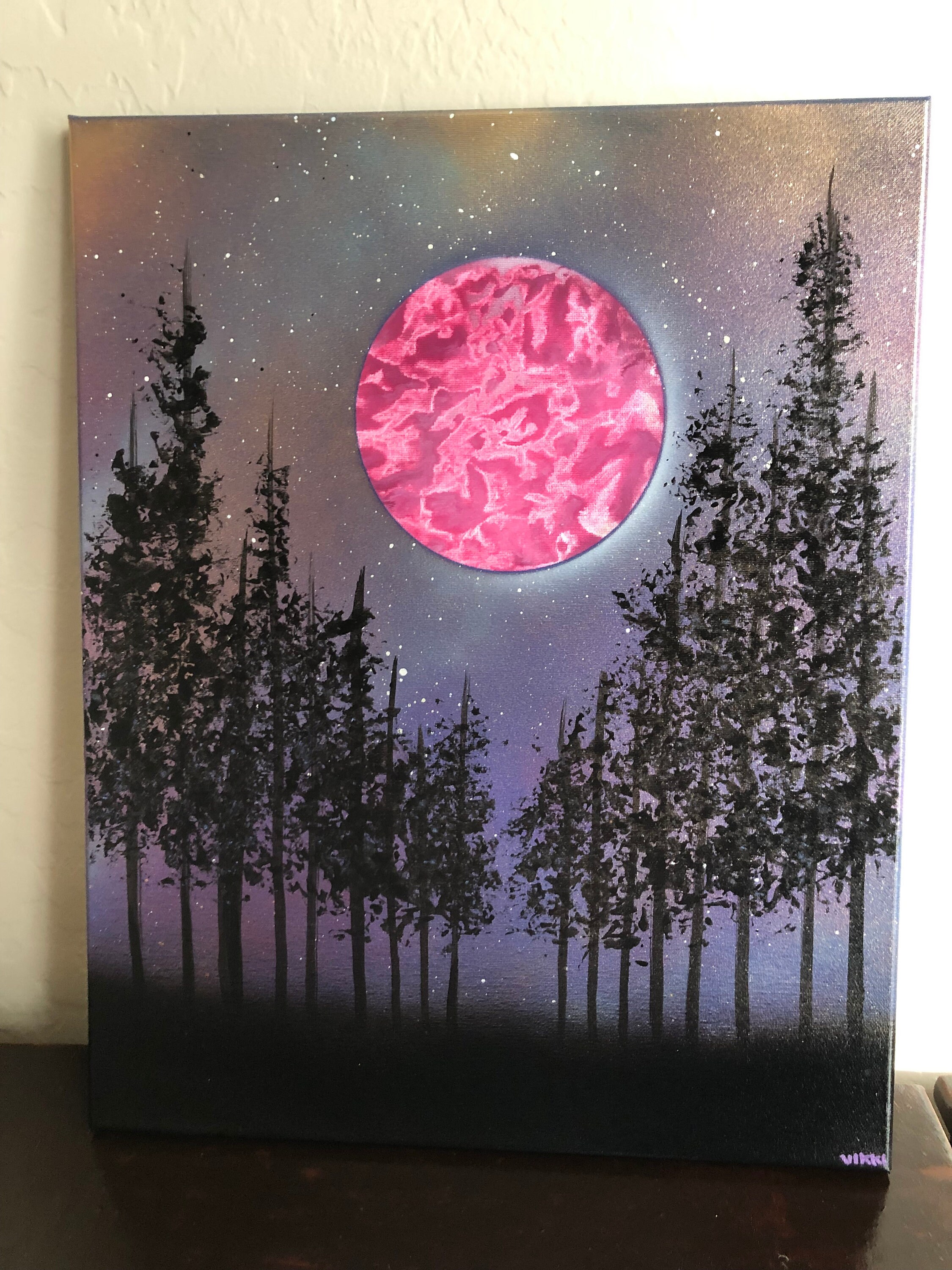 Small Pink Moon in the Dark Sky Spray Paint Canvas - Etsy