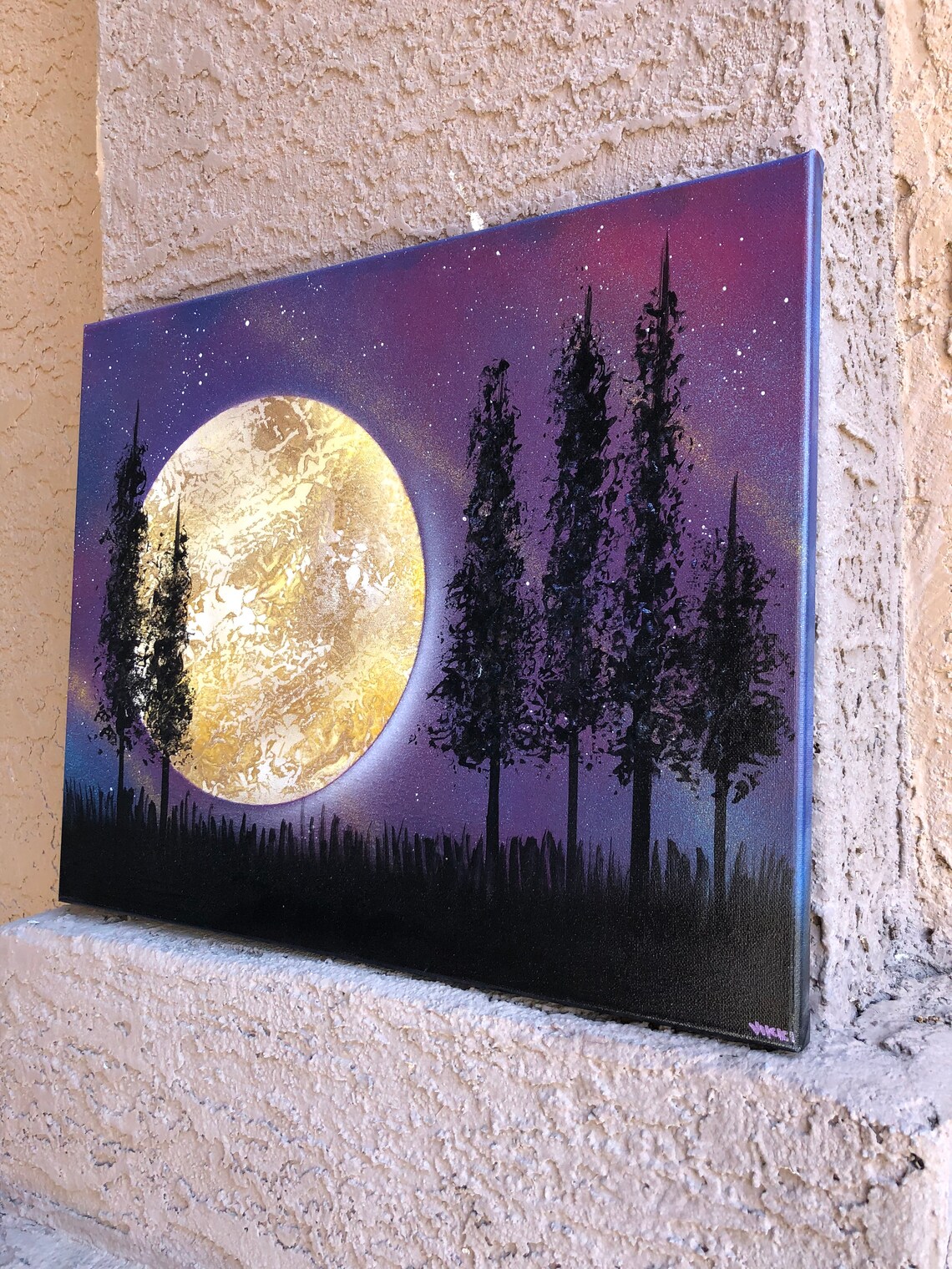 Large Moon behind Trees Spray Paint Canvas | Etsy