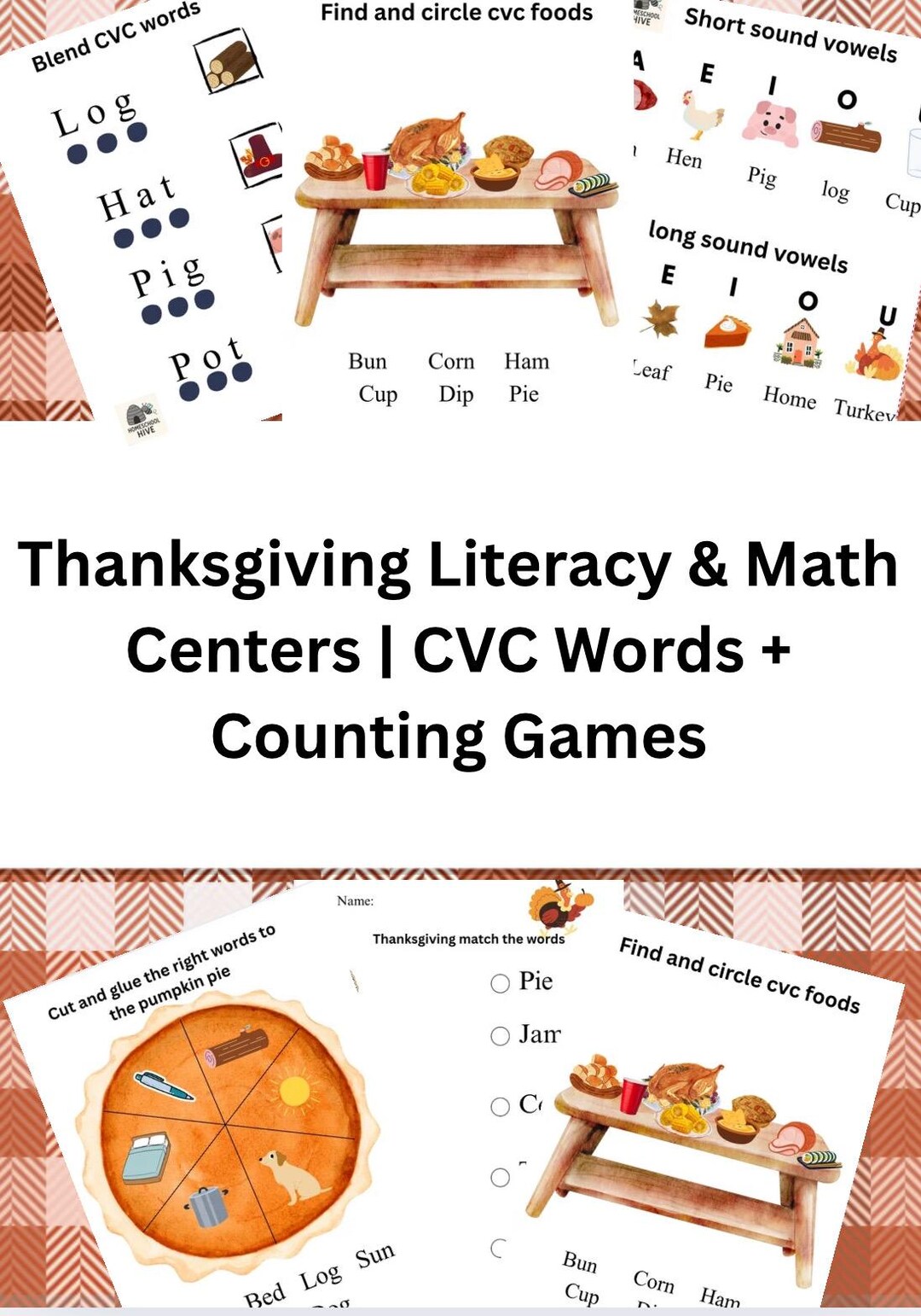 Thanksgiving Literacy & Math Centers | CVC Words + Counting Games ...