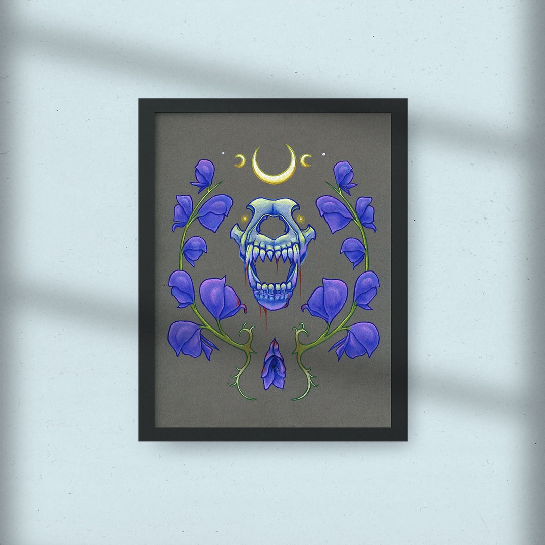 Wolf Skull Art Print With Wolf's Bane Flowers - Magical, Macabre, and ...