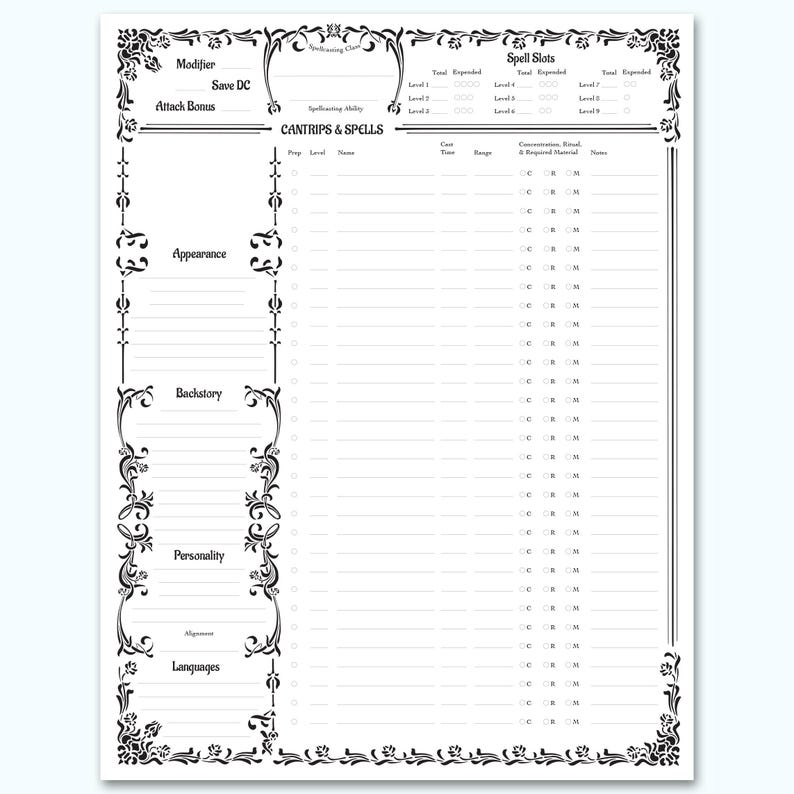 2024 Dnd Character Sheet: Art Nouveau Floral Design (printable Pdfs) - Etsy