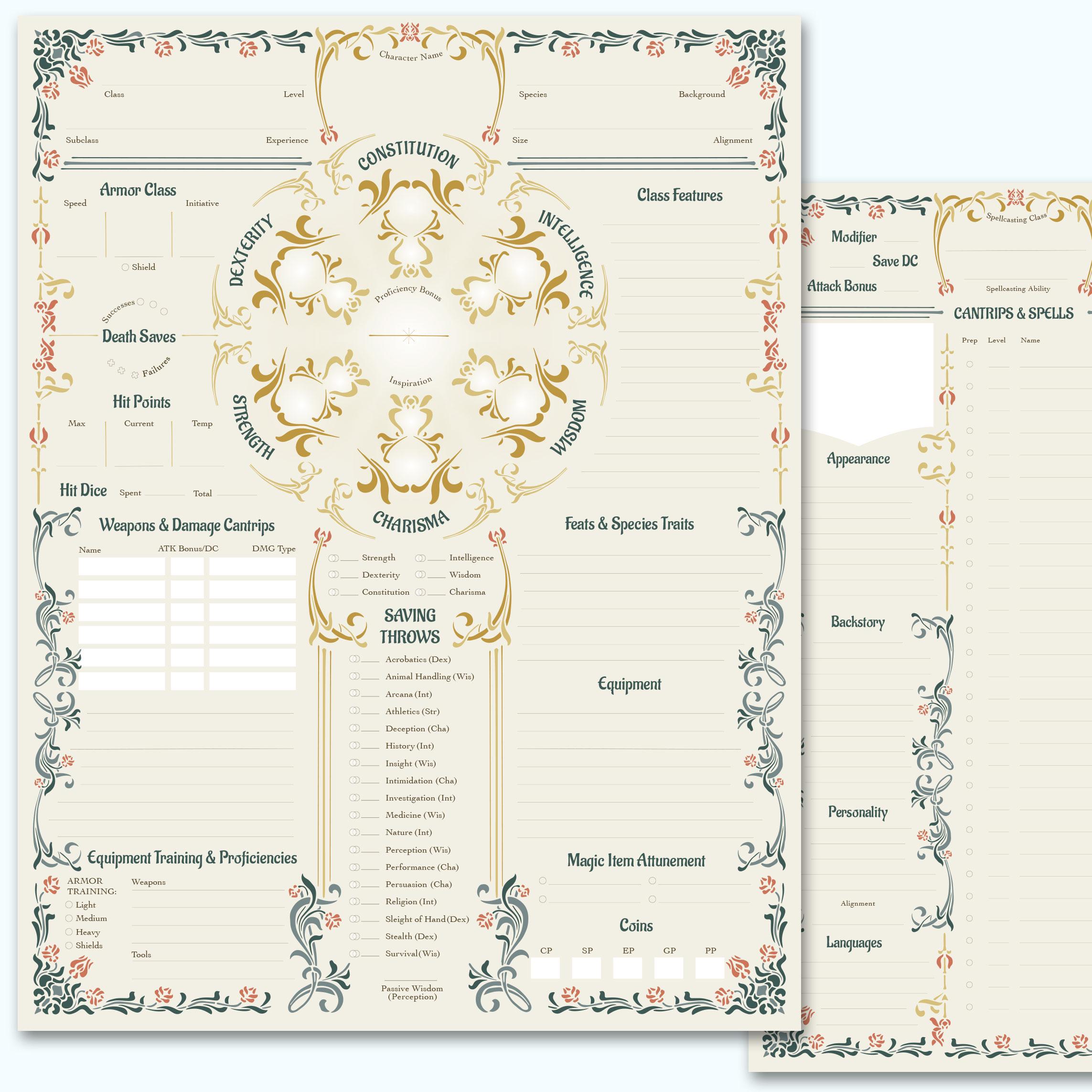 2024 Dnd Character Sheet: Art Nouveau Floral Design (printable Pdfs) - Etsy