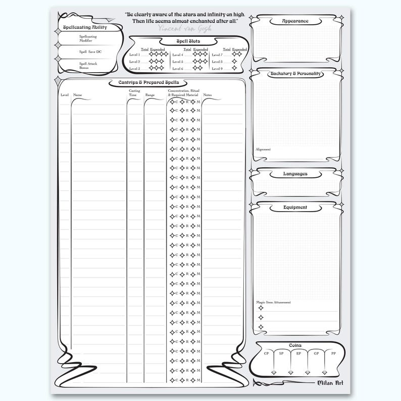 2024 Dnd Custom Character Sheet for Dungeons and Dragons, Dnd One- Stars, Starry Night ...
